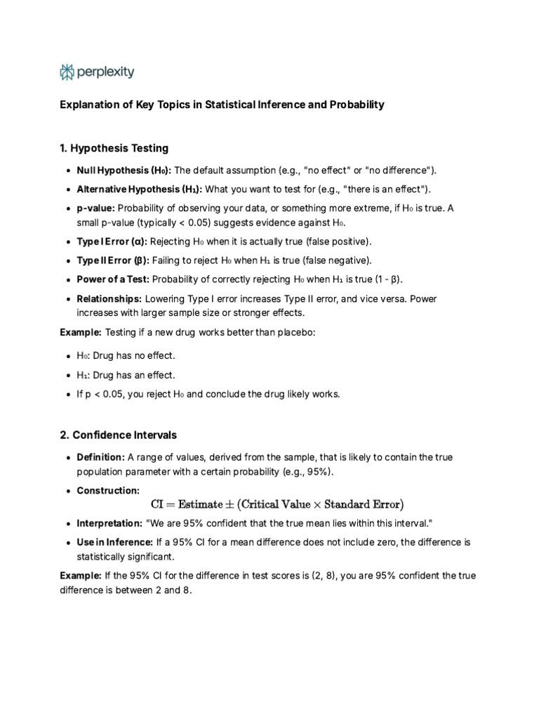 Explanation of Key Topics in Statistical Inference | PDF | P Value ...