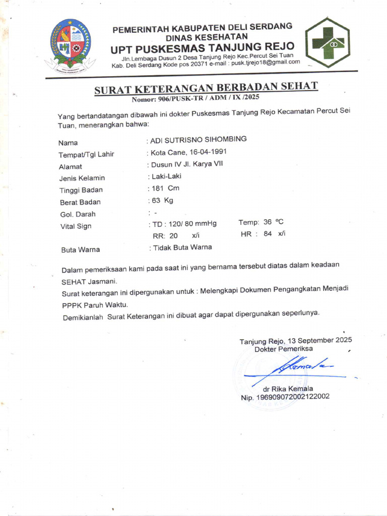 Surat Sehat Adi Sihombing | PDF