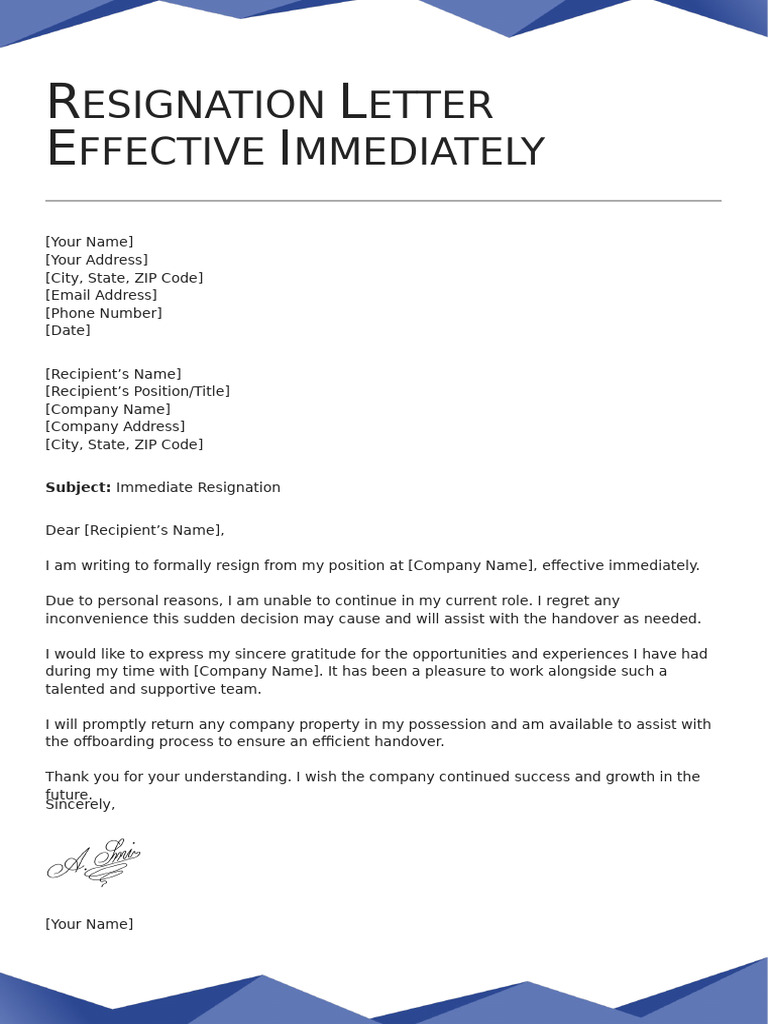 Resignation Letter Effective Immediately 21072 | PDF
