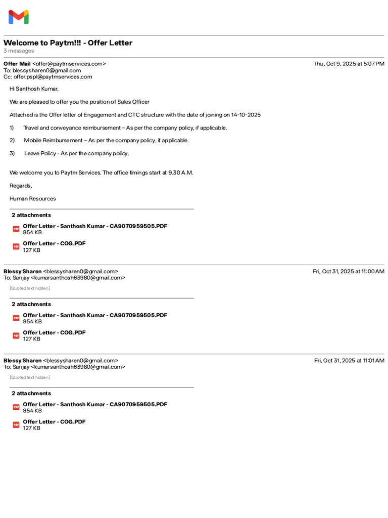 Paytm Sales Officer Offer Letter | PDF
