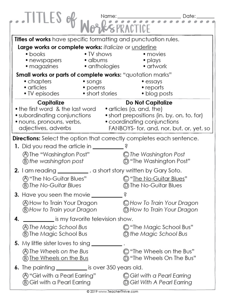 02 Titles of Work Print Able Assessment | PDF | Adverb | Syntax