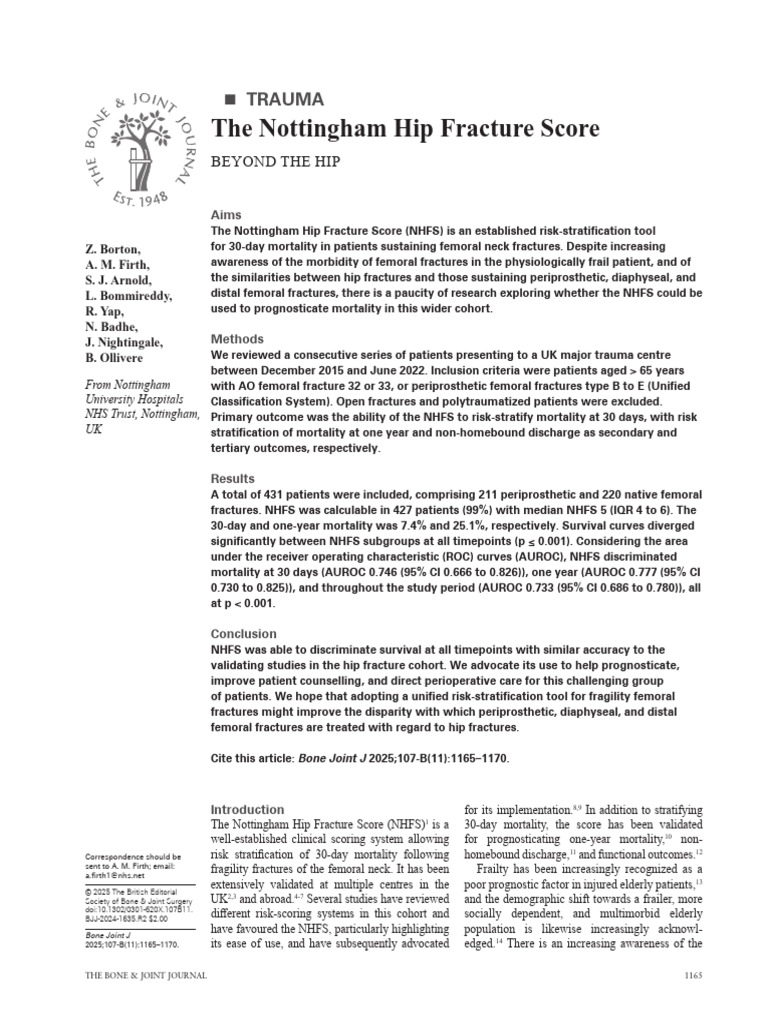 The Nottingham Hip Fracture Score | PDF | Hip | Receiver Operating ...