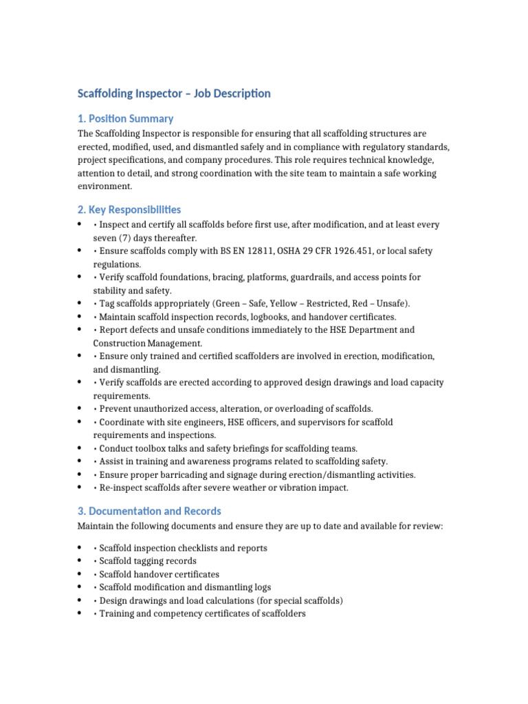 Scaffolding Inspector Job Overview | PDF | Safety | Scaffolding