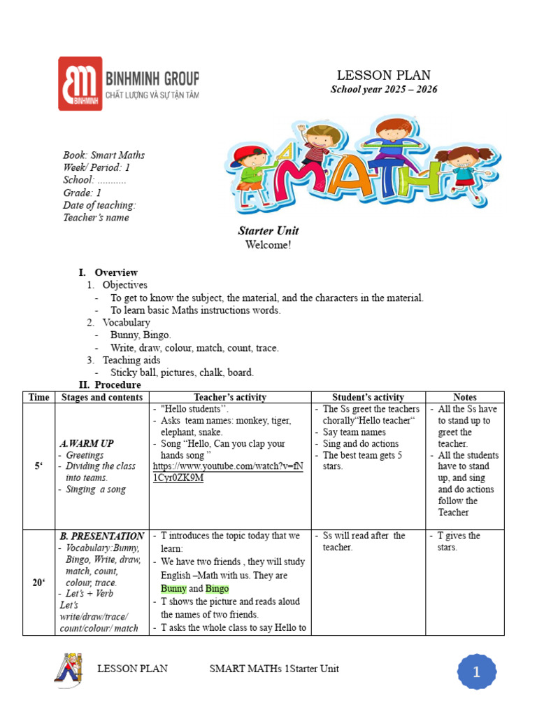 Lesson Plan: Book: Smart Maths Week/ Period: 1 School ...