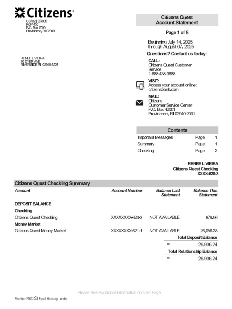 Citizens Bank Statement, August 2025 | PDF