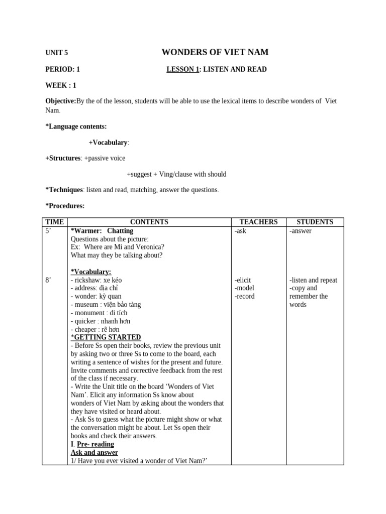 Wonders of Vietnam: Lesson Plan | PDF | Grammar | Linguistics