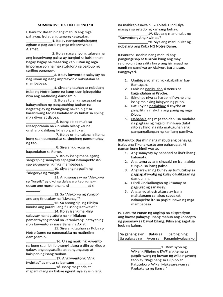 Summative Test in Filipino 10 | PDF