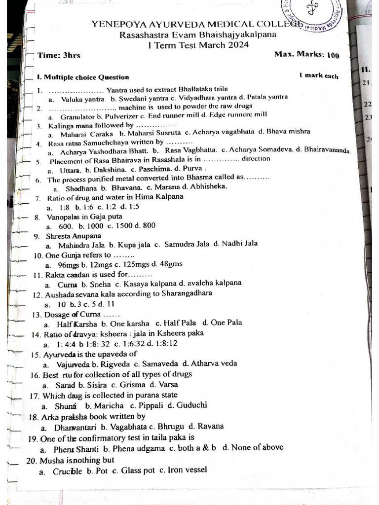 Rasa Shastra Question Paper | PDF