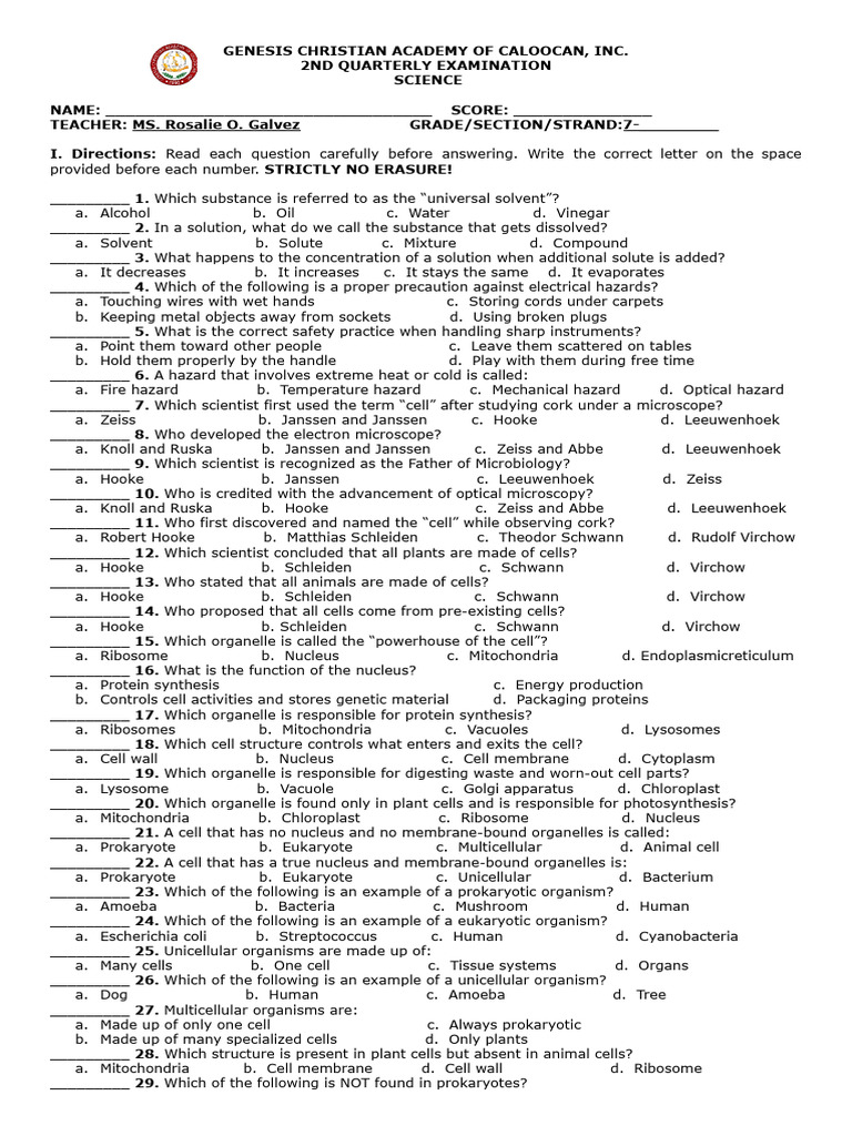 7th Grade Science Exam Questions | PDF | Cell (Biology) | Prokaryote