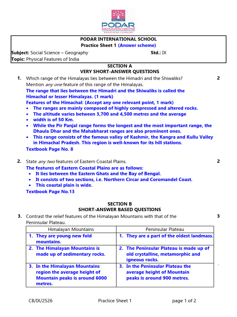 Physical Features of India - Practice Sheet (Answer Scheme) | PDF ...