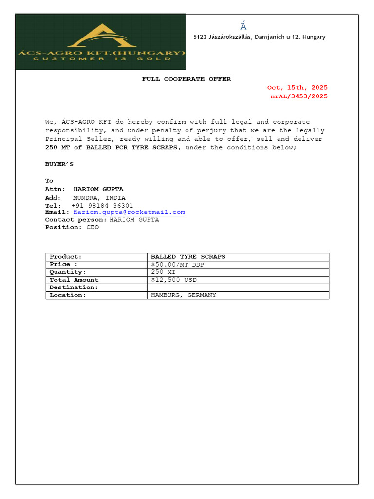 Fco Hariom Gupta (Balled PCR Tyre Scraps) 250mt | PDF | Invoice