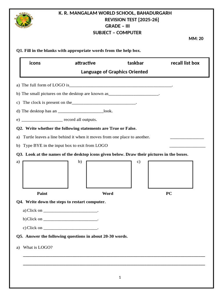 Revision Test Grade-3 Computer | PDF | Office Equipment | Computer ...