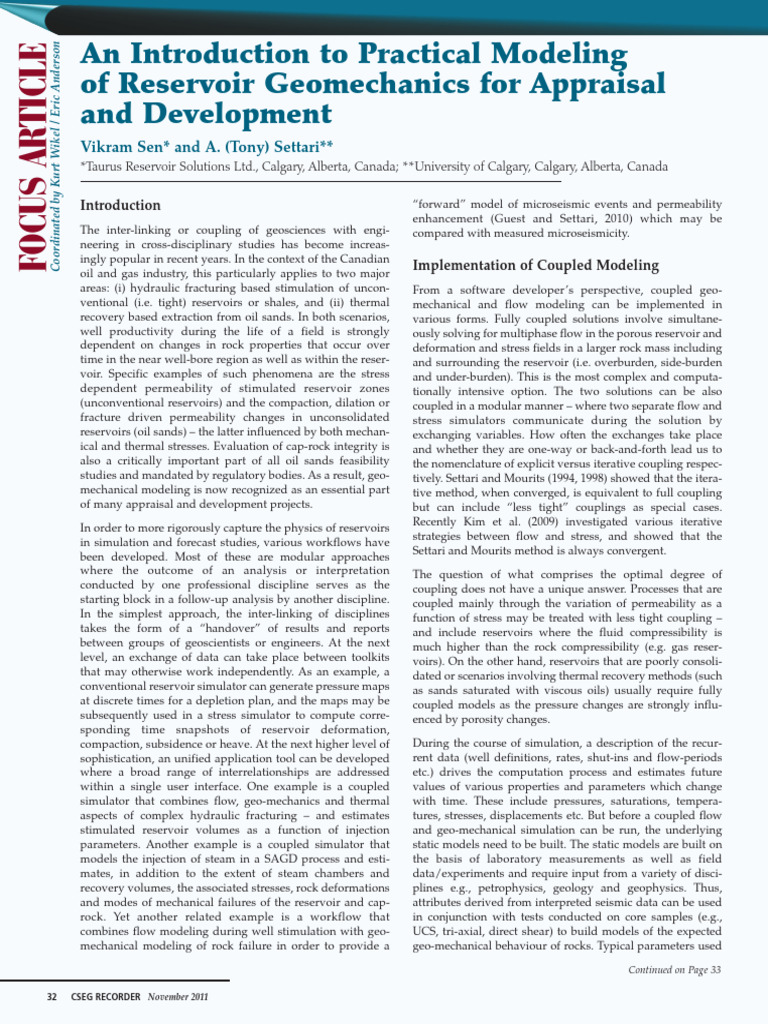 An Introduction To Practical Modeling of Reservoir Geomechanics For Appraisal and Development ...