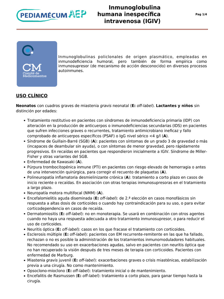 Inmunoglobulina Humana Inespecífica Intravenosa (IGIV) | PDF ...