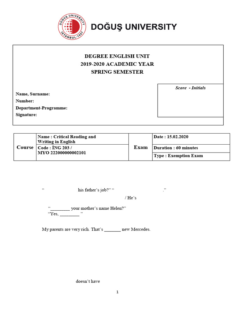 Ing 201 Exemption Exam 2019 2020 Spring | PDF
