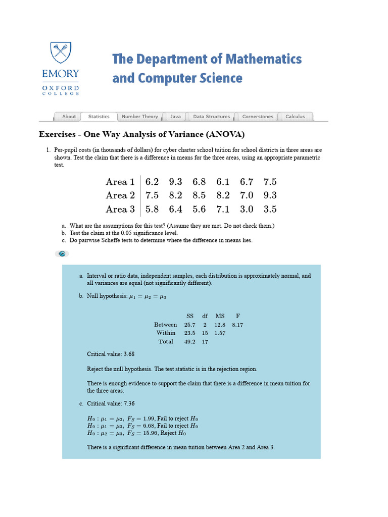 ANOVA Exercises for Statistical Analysis | PDF | Analysis Of Variance ...