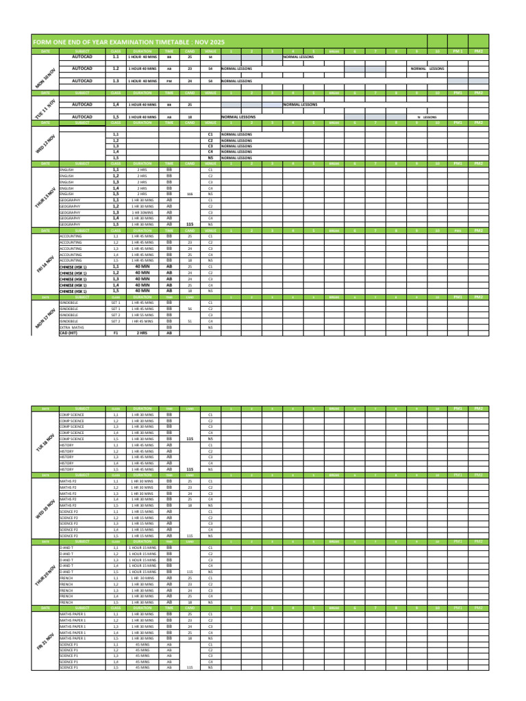 Amended Form 1 Eoy 2025 Exam Timetable | PDF
