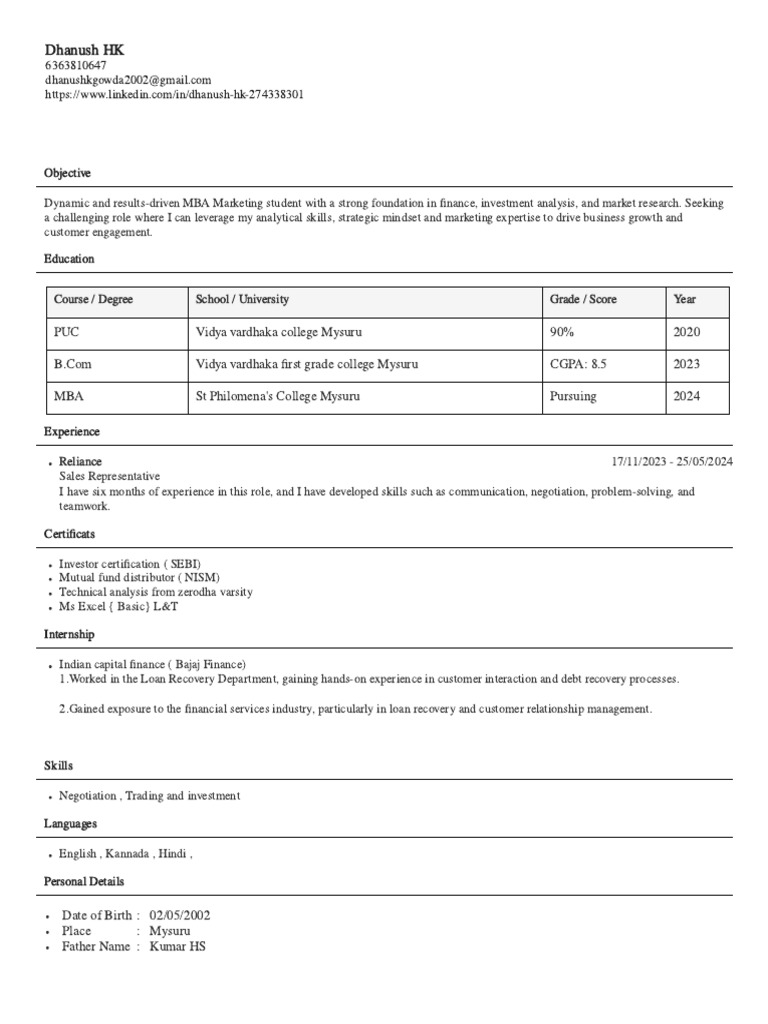 Dhanush HK Sales CV | PDF