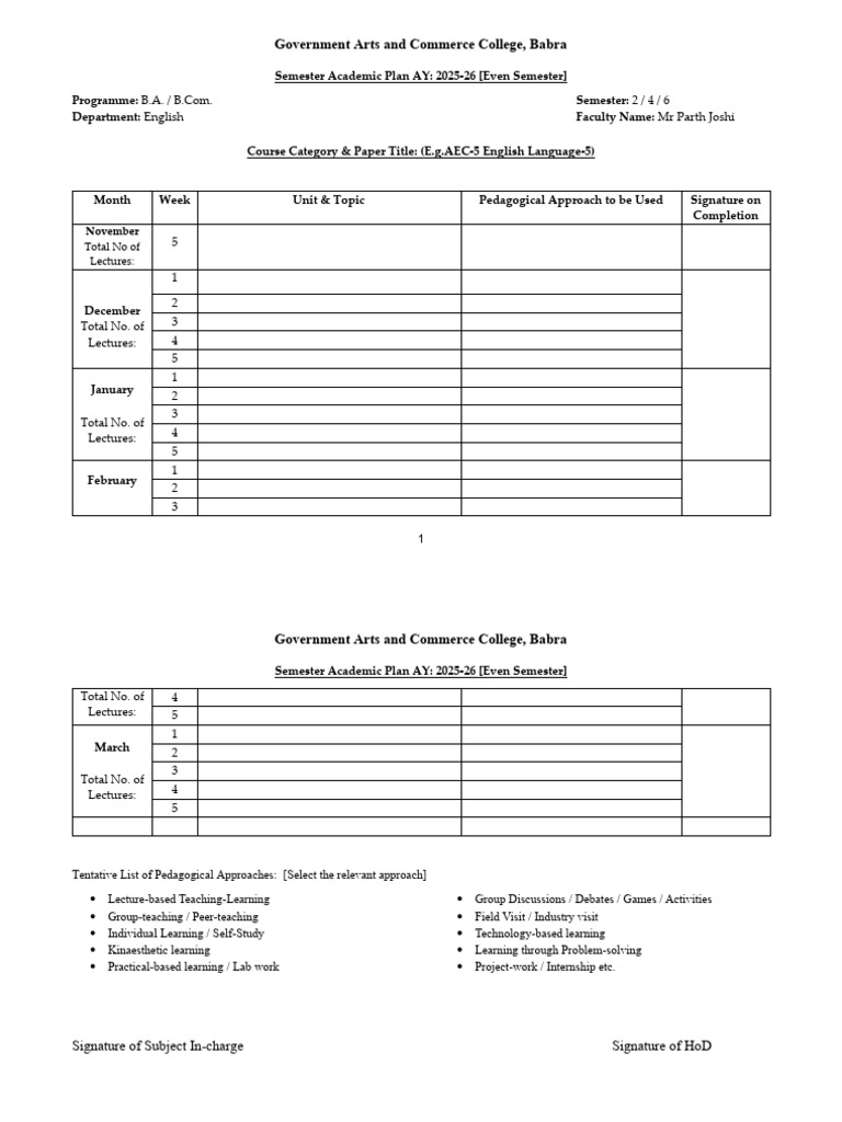 B.A. B.Com. Semester 2-6 Academic Plan | PDF