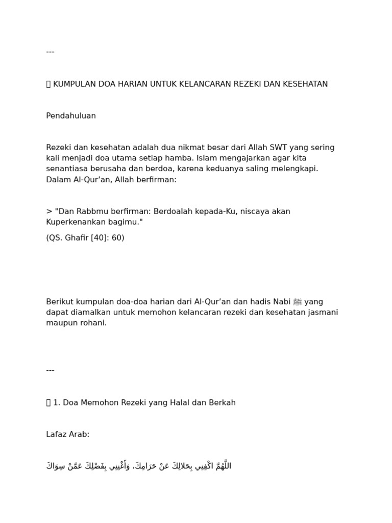 Kumpulan Doa Harian Untuk Kelancaran Rezeki Dan Kesehatan | PDF