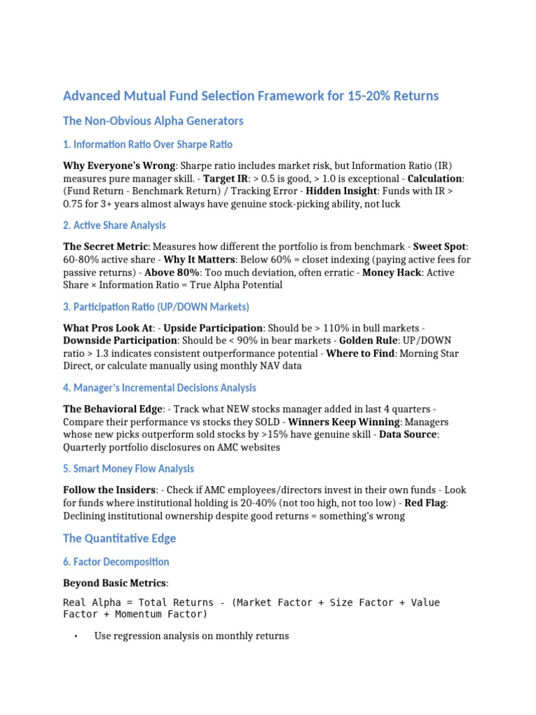 Advanced Mutual Fund Selection Criteria | PDF | Sharpe Ratio | Mutual Funds
