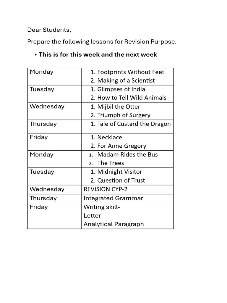 English Revision Schedule | PDF