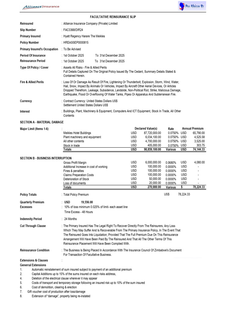 1 Hyatt Regency AAR Oct25 Fac Slip Muca Re | PDF | Insurance | Reinsurance