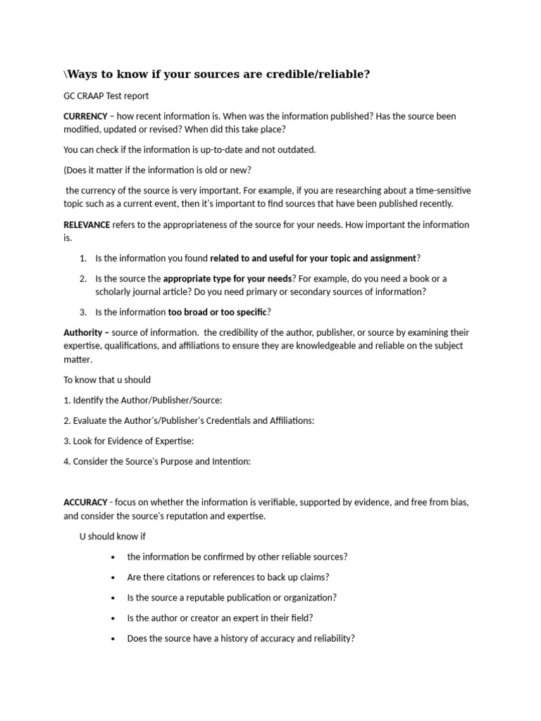 Evaluating Source Credibility: The CRAAP Test | PDF