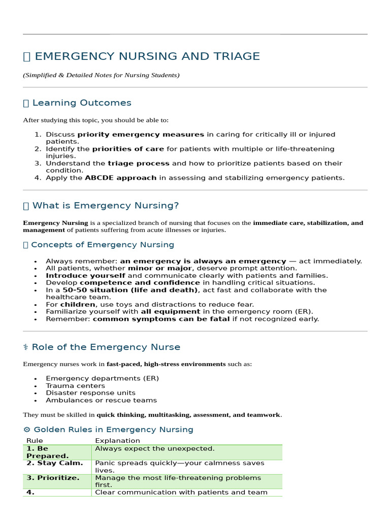Emergency Nursing: Triage & Care Essentials | PDF | Emergency ...