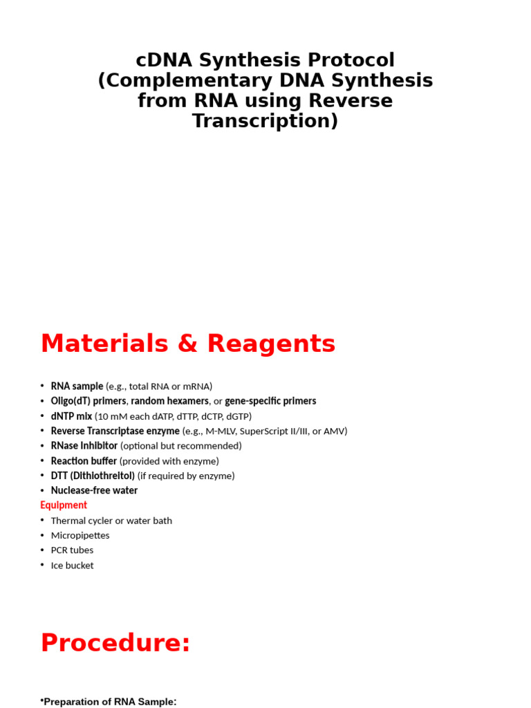 CDNA Synthesis Protocol | PDF | Primer (Molecular Biology ...
