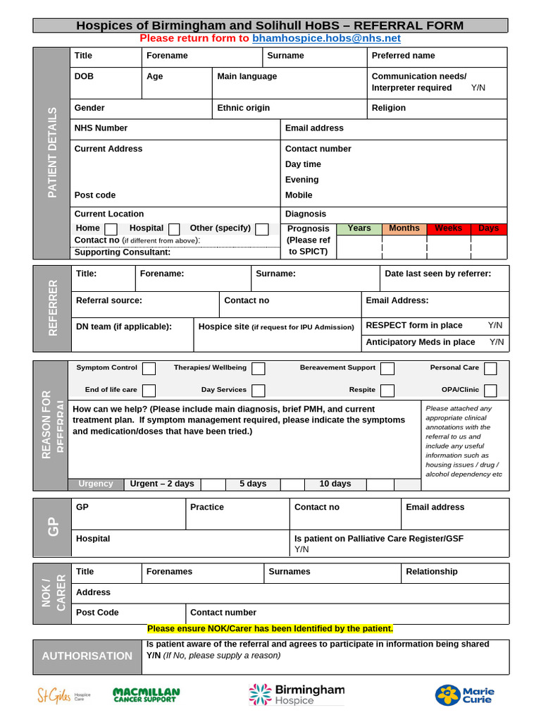 Hospices Birmingham Solihull Referral Form 2 | PDF | End Of Life Care ...