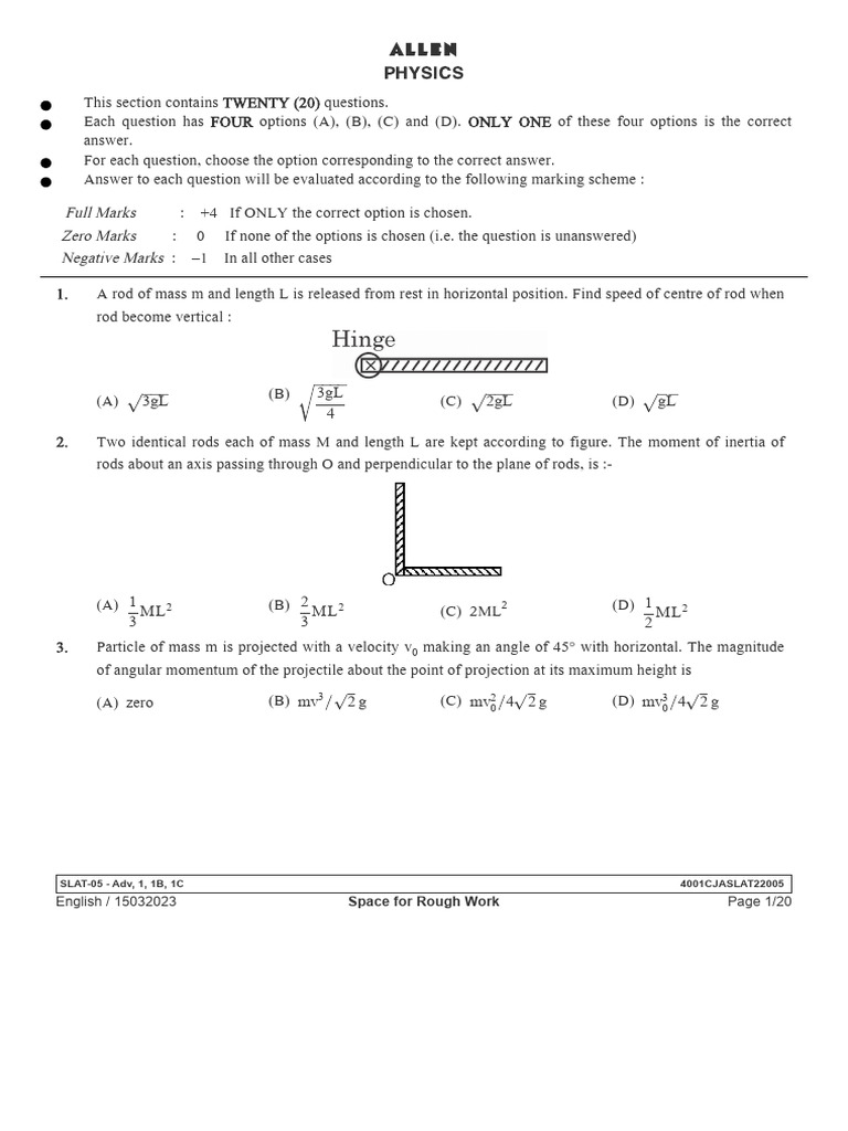 011. Slat-5 Xi Jee Mains 15-03-23 Paper | PDF | Rotation Around A Fixed ...