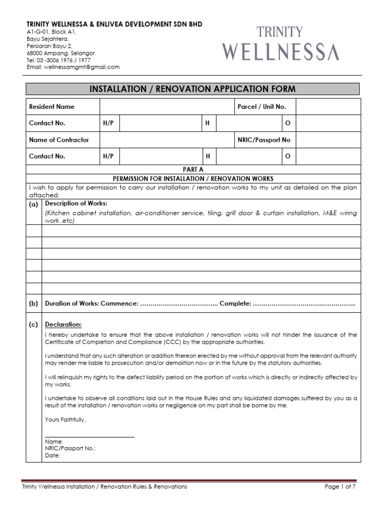 Renovation Application Form Wellnessa DEV | PDF