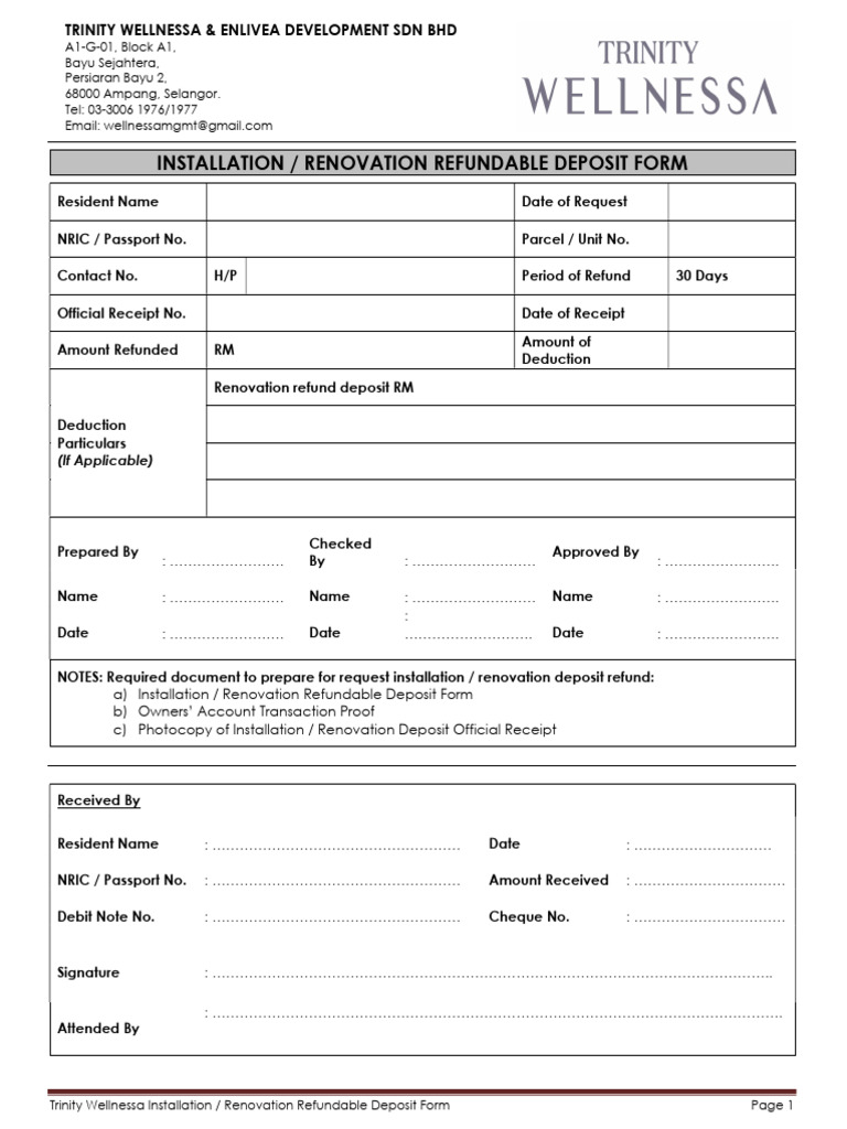 13. Renovation Refundable Deposit Form Wellnessa DEV | PDF
