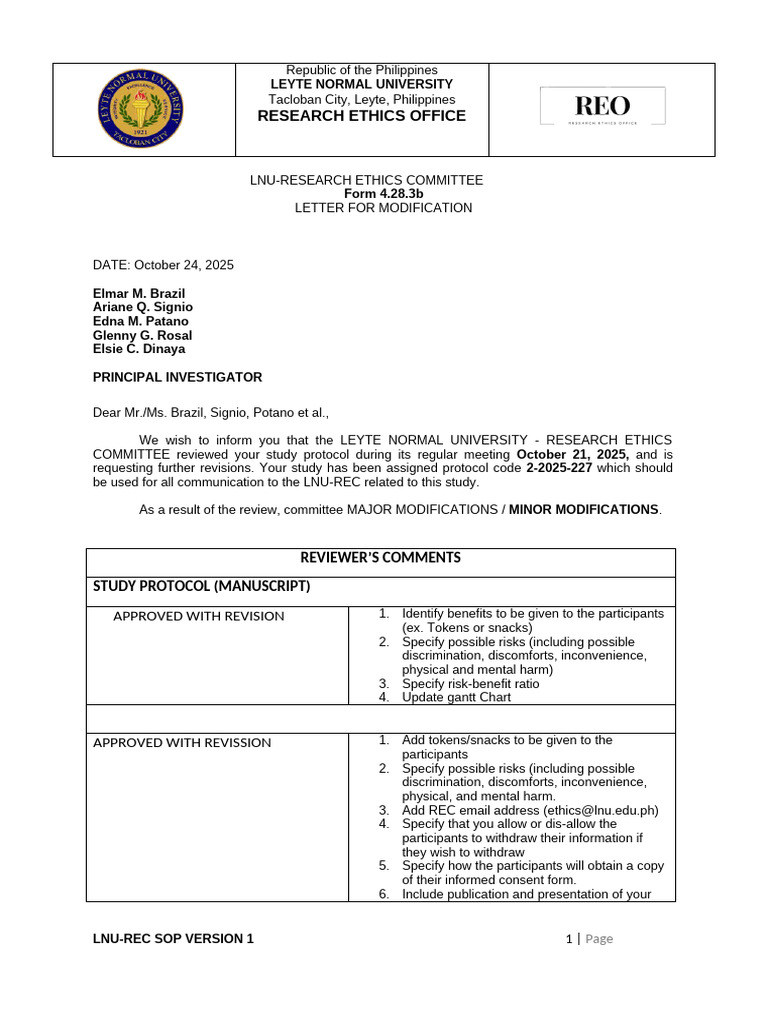 LNU Research Ethics Committee Modification Letter | PDF