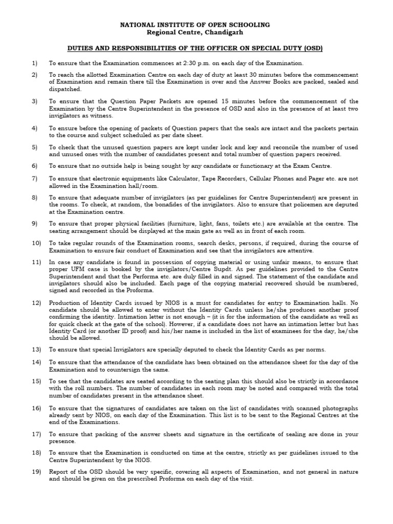 OSD Duties for NIOS Examinations | PDF