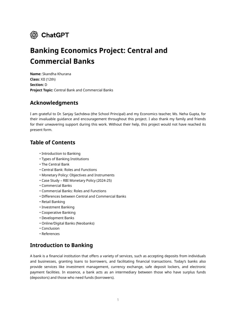 Banking Economics Project - Central and Commercial Banks | PDF ...