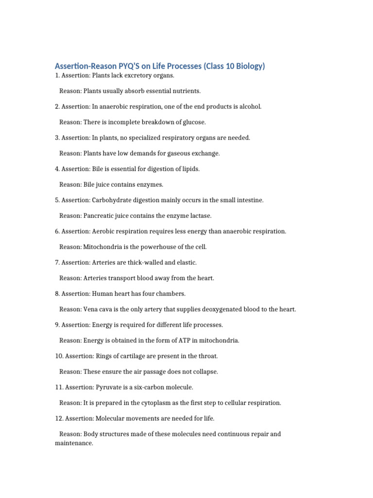 Assertion-Reason PYQ's On Life Processes (Class 10 Biology) | PDF | Cellular Respiration | Heart