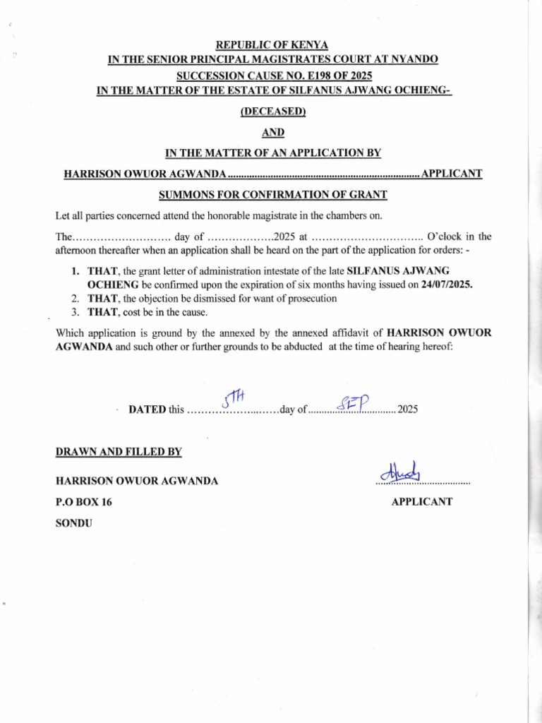 Summons for Estate Grant Confirmation | PDF | Legal Procedure ...