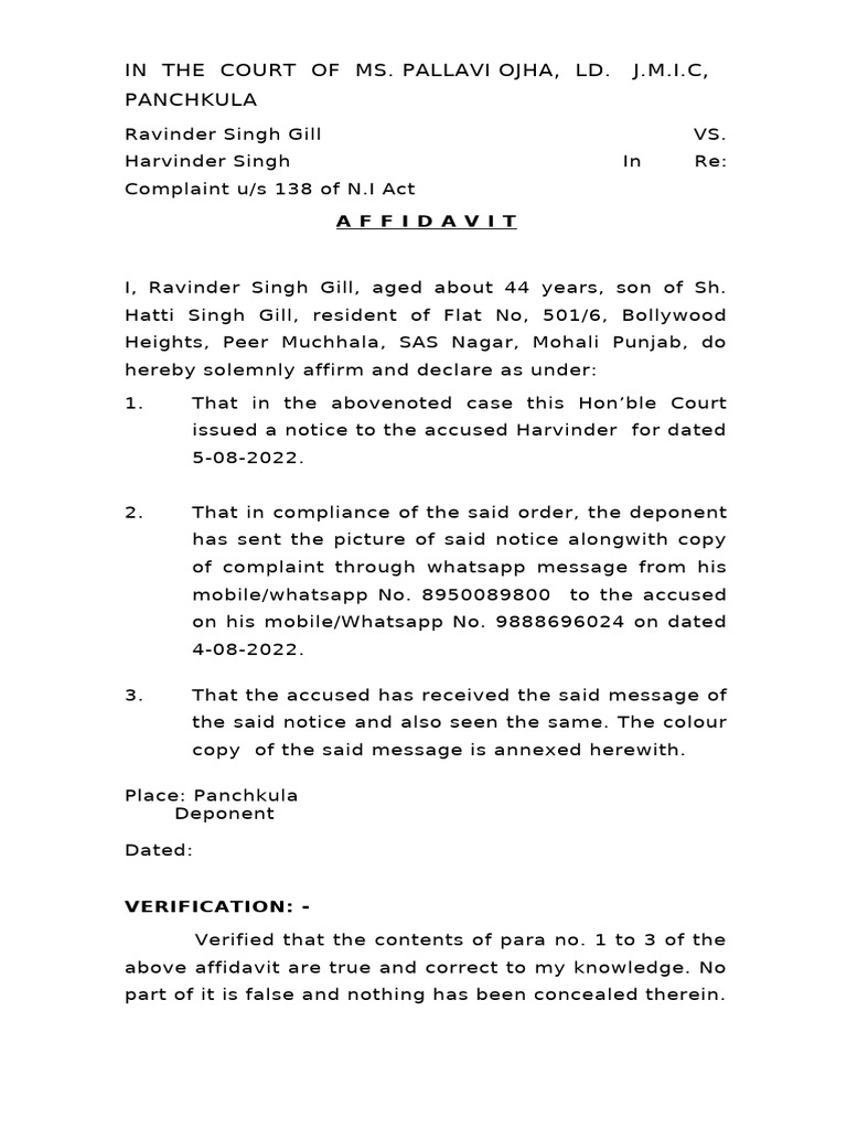 Affidavit (Summons-Whatsaapp) | PDF | Affidavit | Practice Of Law