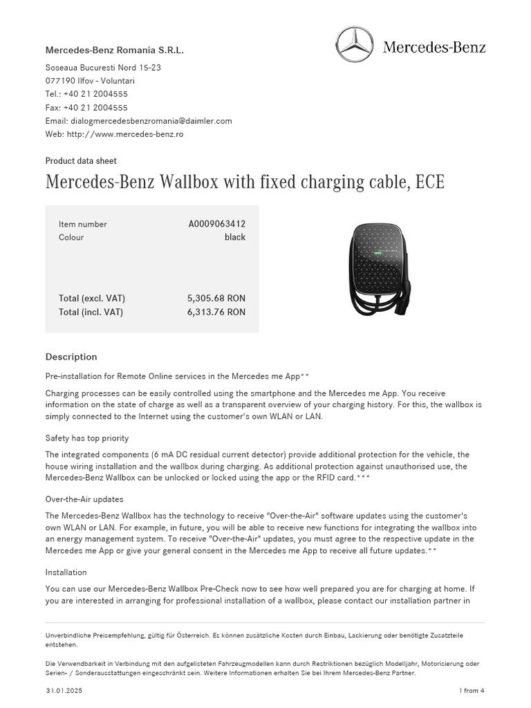 ODUS Product Data Sheet Mercedes Benz Wallbox With Fixed Charging Cable ECE | PDF | Wireless Lan ...