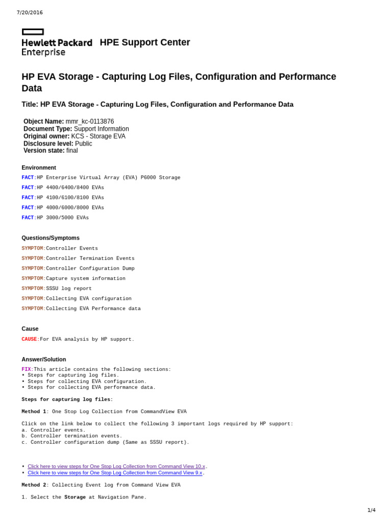 1.HP EVA Storage - Capturing Log Files, Configuration and Performance Data | PDF | Comma ...