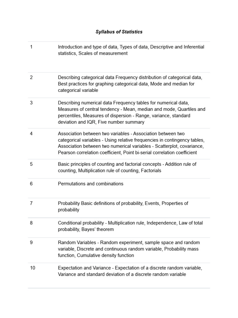 Comprehensive Statistics Syllabus | PDF