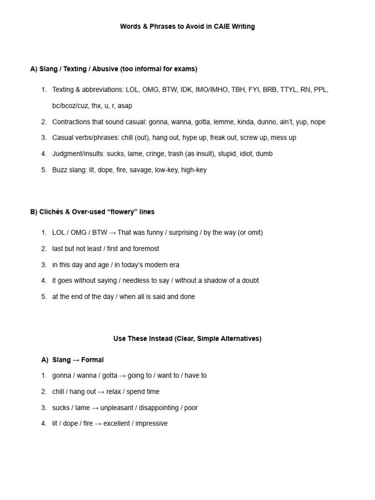 Avoid Slang and Clichés in CAIE Writing | PDF