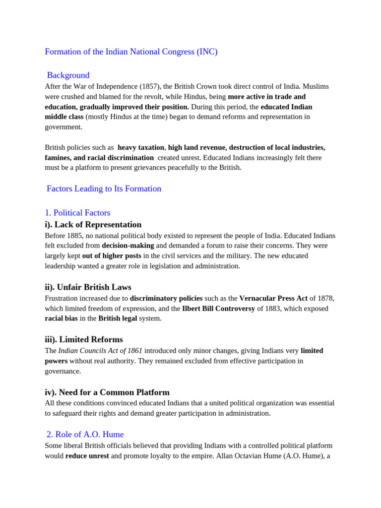 7 Formation of The Indian National Congress (INC) | PDF | Indian ...