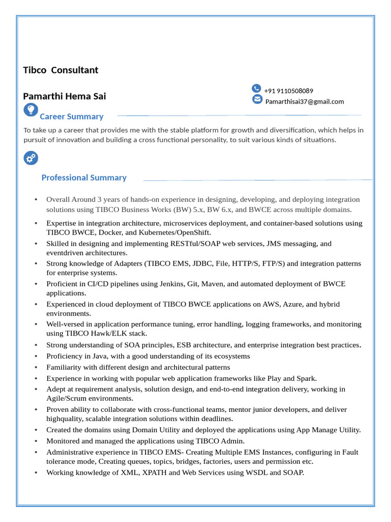 TIBCO Consultant Resume and Skills | PDF | Web Service | Xml Schema