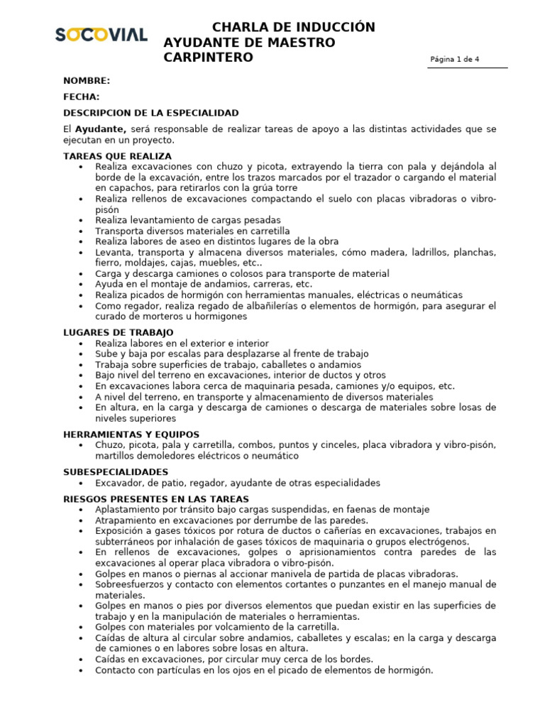Induccion Ayudante Maestro Carpintero | PDF