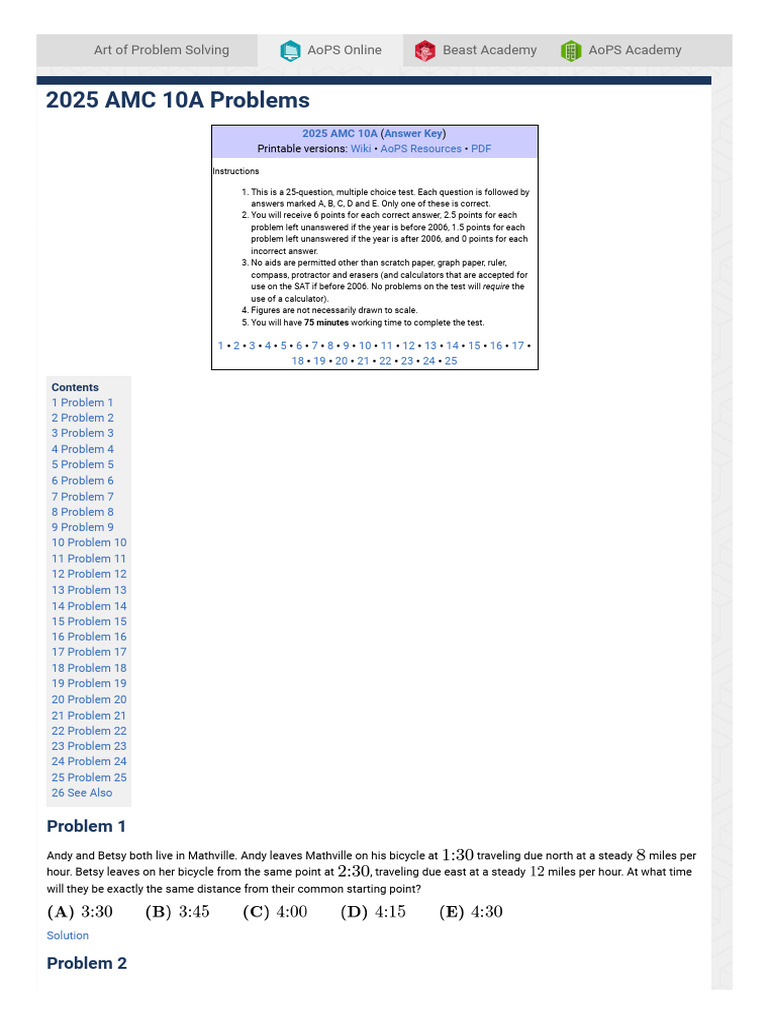 2025 AMC 10A Problems - AoPS Wiki | PDF | Real Number | Triangle