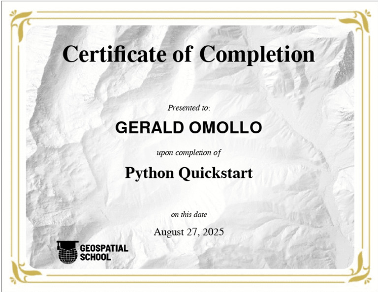 GERALD OMOLLO Python Quickstart Course Completion Hillshade Geospatial School | PDF
