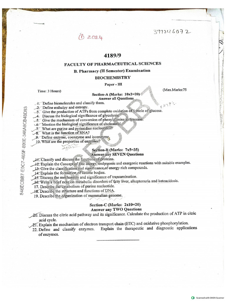 Biochemistry Previous Question Papers-1 | PDF